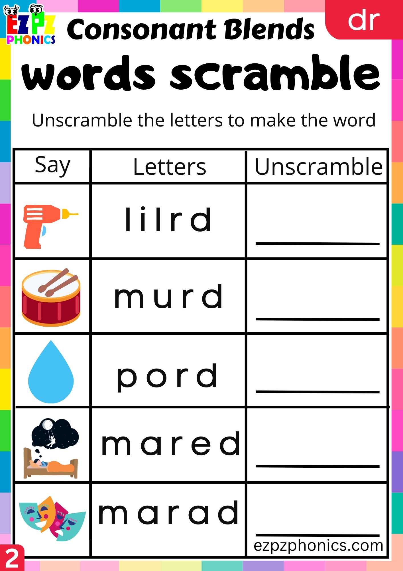 Group2 DR Words Words Scramble Phonics Consonant Blends Worksheet group2-dr-words-words-scramble-phonics-consonant-blends-worksheet